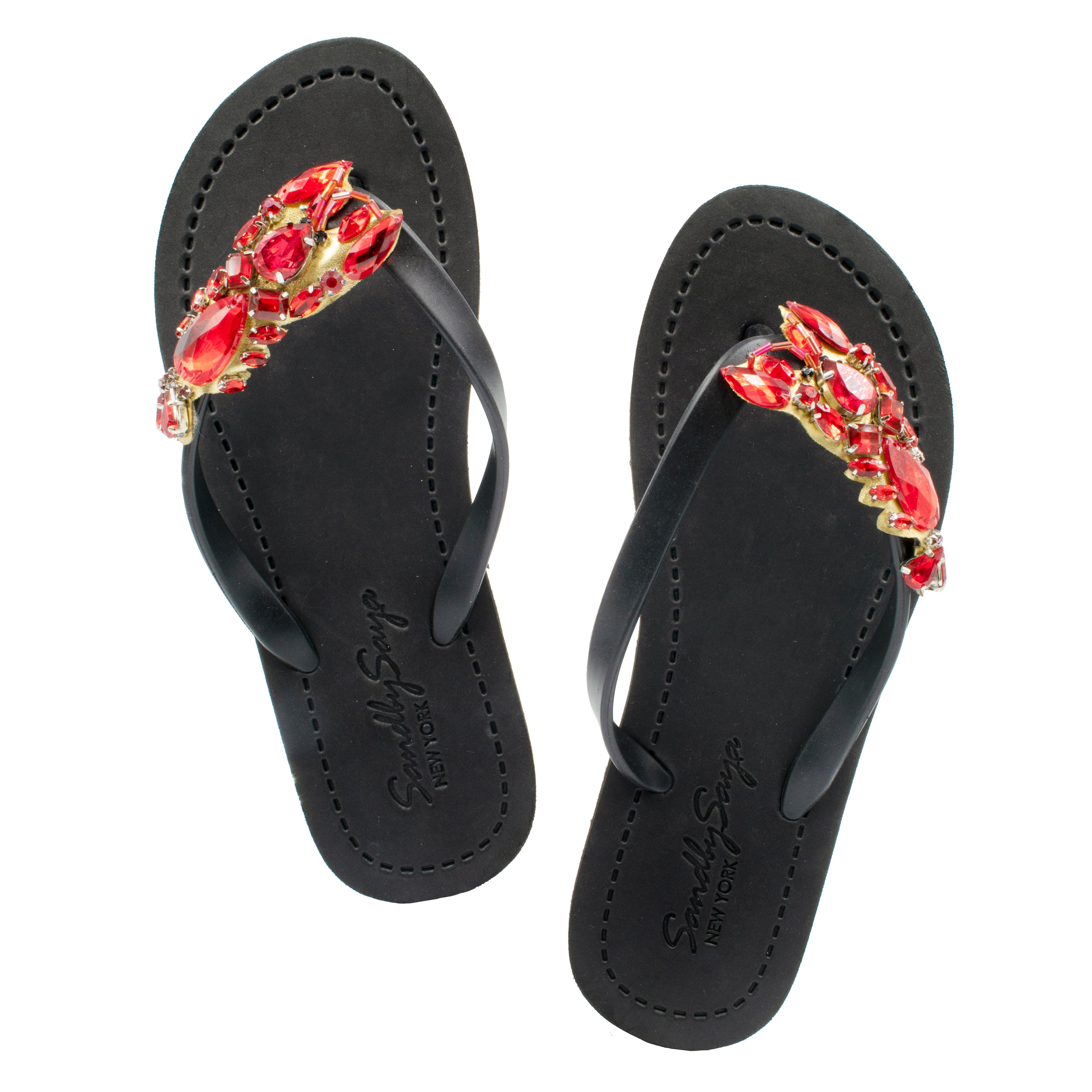 Lobster - Red Rhinestone Embellished Flat Flip Flops Sandal for Women