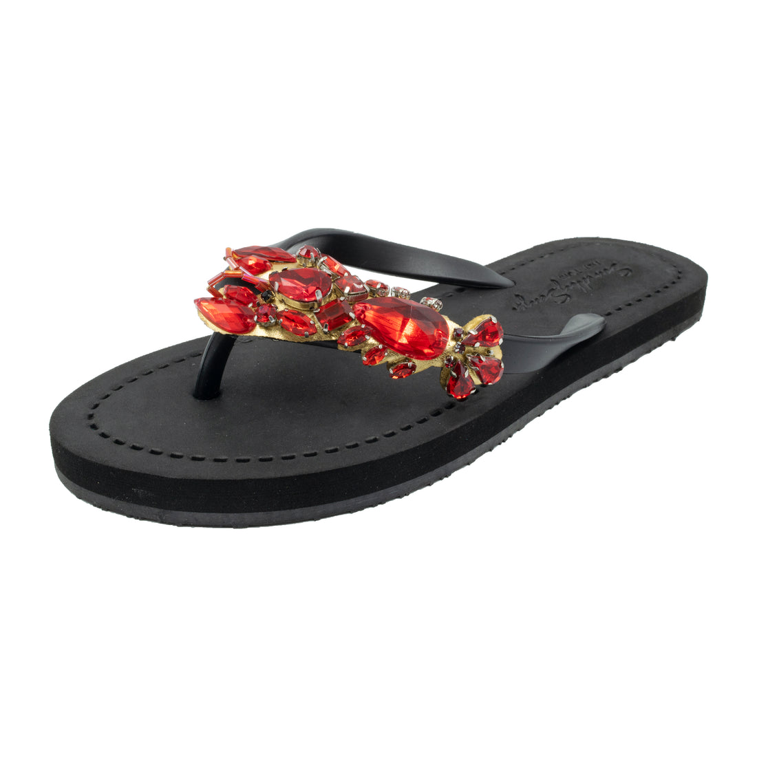 Lobster - Red Rhinestone Embellished Flat Flip Flops Sandal for Women