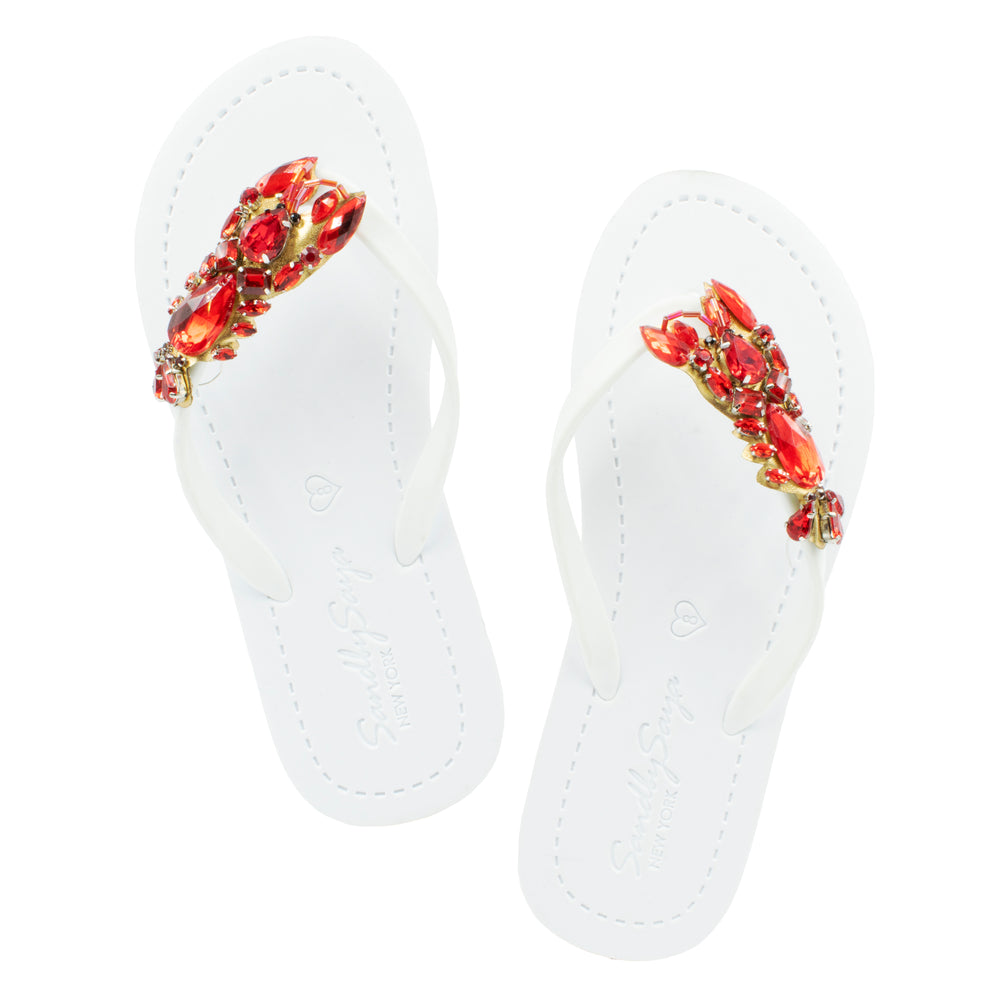 Lobster - Red Rhinestone Embellished Flat Flip Flops Sandal for Women