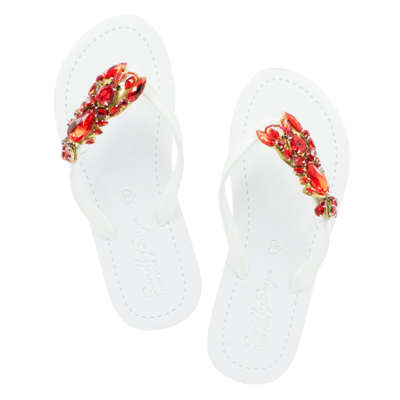 Lobster - Red Rhinestone Embellished Flat Flip Flops Sandal for Women