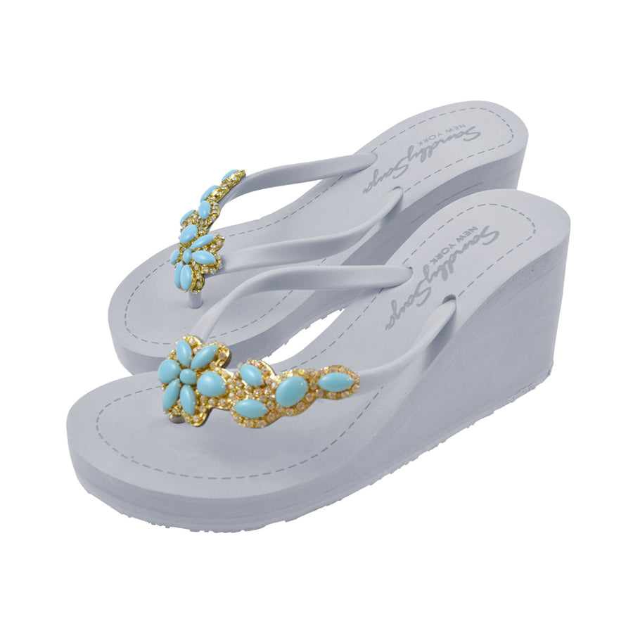 Brooklyn Turquoise Flower - Rhine Stone Embellished Women's High Wedge