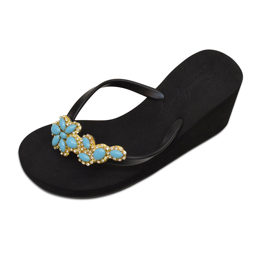 Brooklyn Turquoise Flower - Rhine Stone Embellished Women's High Wedge