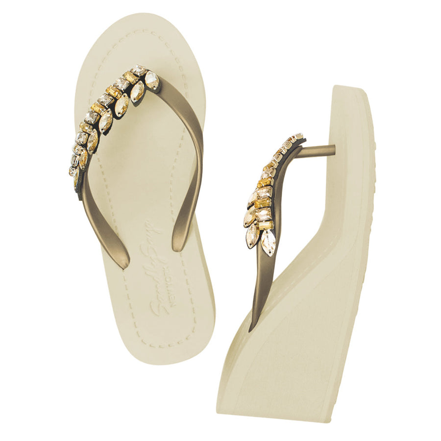 Smith - Gold Rhine Stone Embellished Women's High Wedge Flip Flops San
