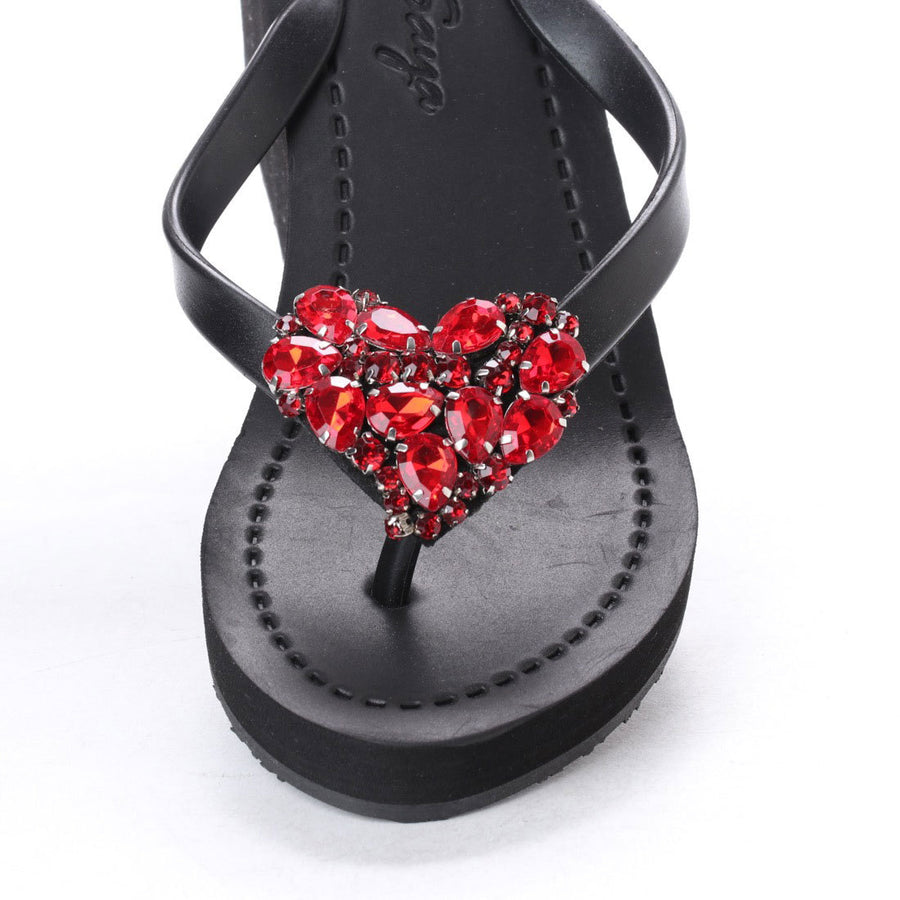 Red Heart - Rhine Stone Embellished Women's High Wedge Flip Flops Sand